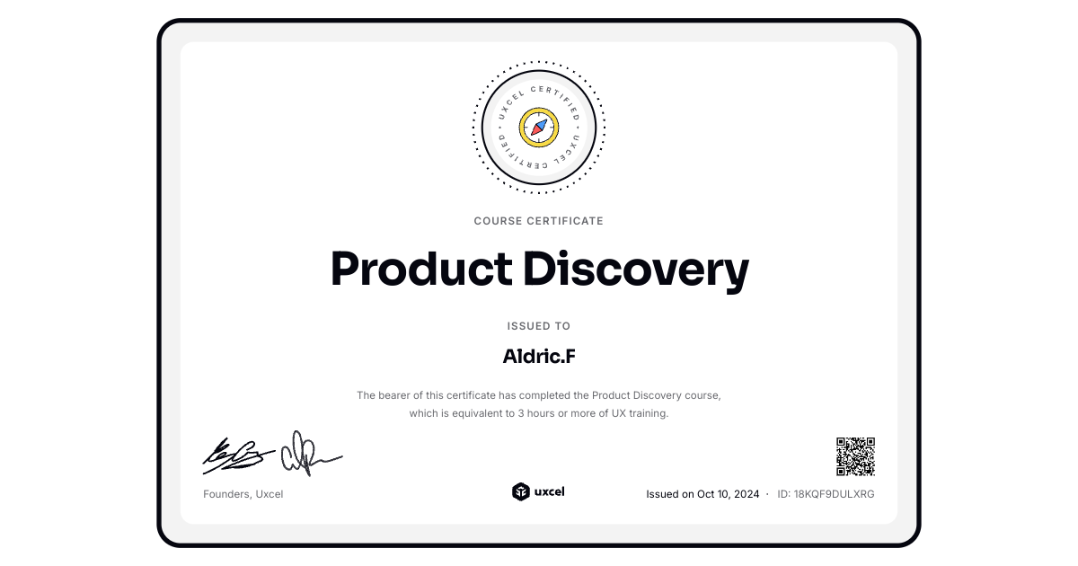 Certificate of completion for Product Discovery | Uxcel
